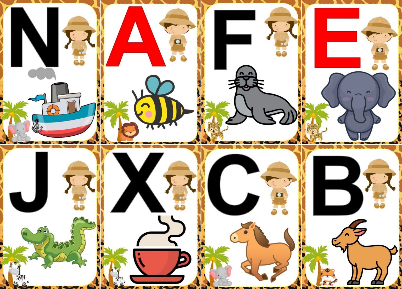 Alfabeto ilustrado safari para imprimir