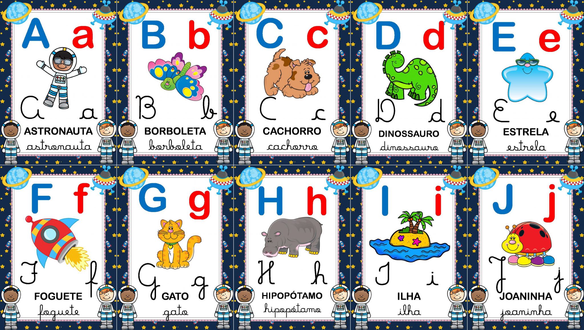 Alfabeto ilustrado universo para imprimir